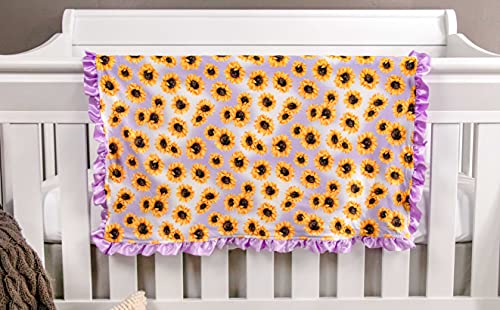 Top Tots Baby Blanket - Small Sunflowers with Purple Minky Dot & Satin Ruffle, 31 x 31 Inch Yellow