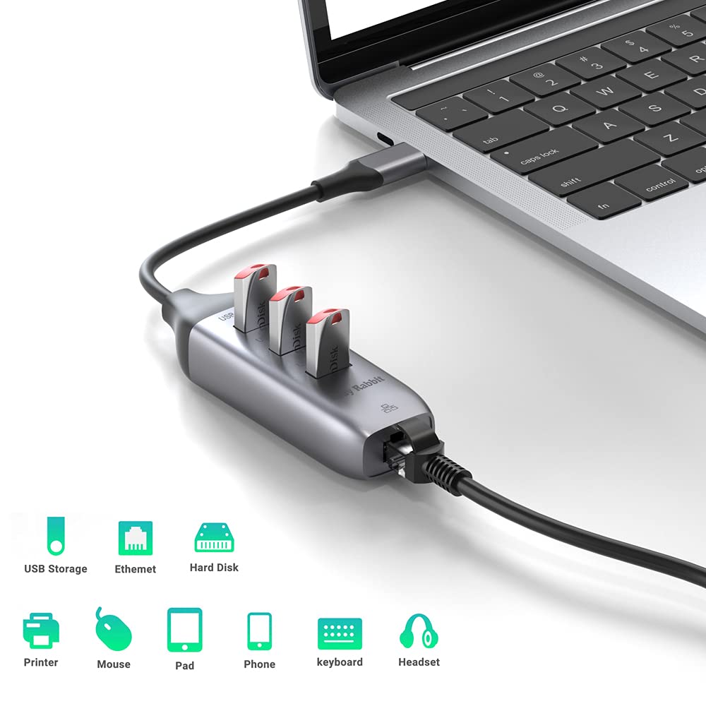USB C to Ethernet Adapter,USB C to RJ45 10/100/1000 Gigabit Ethernet, USB C to USB 3.0 HUB, Compatible with MacBook Pro, iPad Pro, MacBook/Air, iPad Air 2020, XPS 15/13, Surface Book 2 …