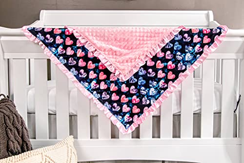 Top Tots Baby Blanket - Small Colored Hearts with Pink Minky Dot & Satin Ruffle, 31 x 31 Inch Blue