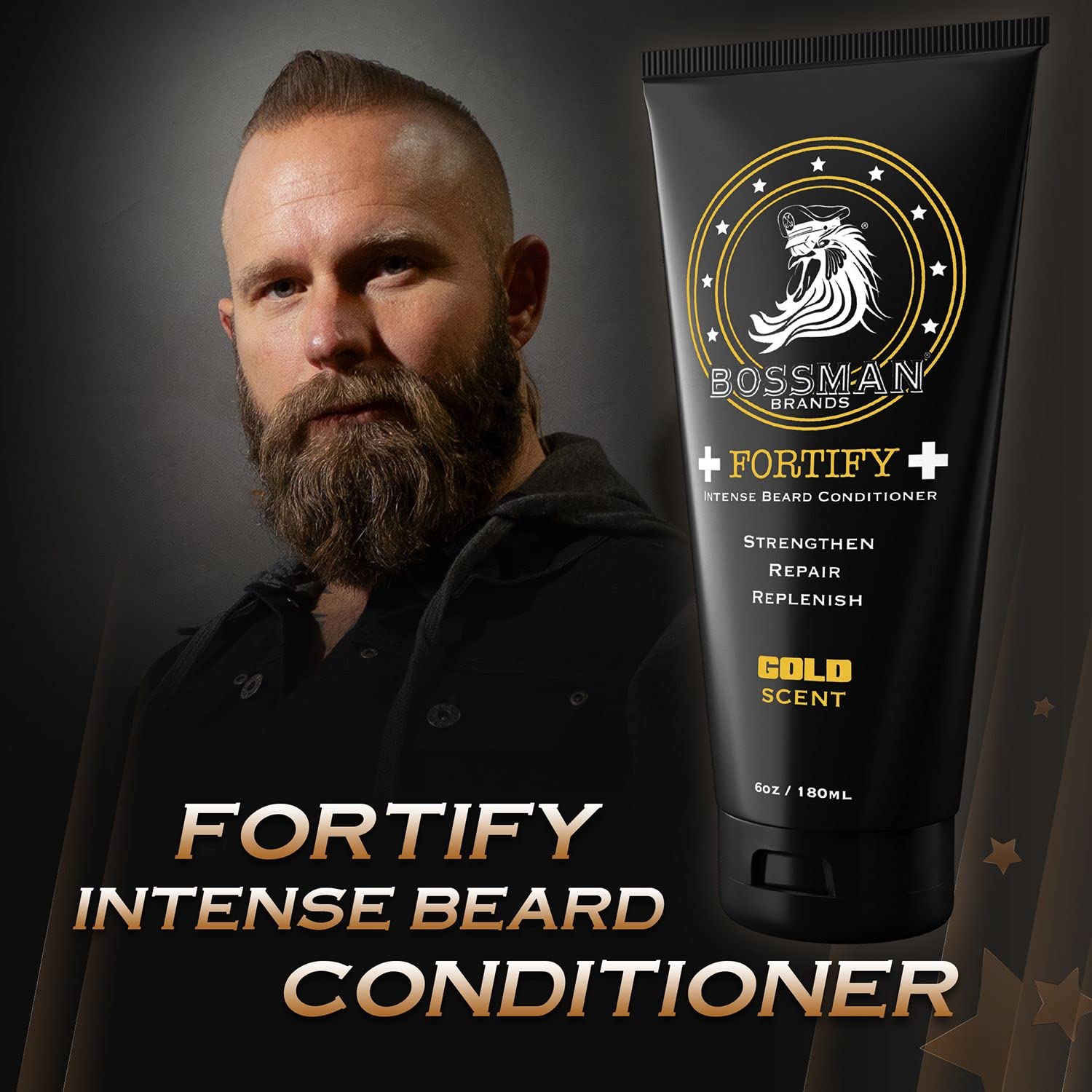 Bossman Fortify Intense Beard Conditioner - Shower Beard Wash, Moisturizer and Beard Softener for Men - Beard Growth Products - Made in USA (Gold Scent), 6 oz