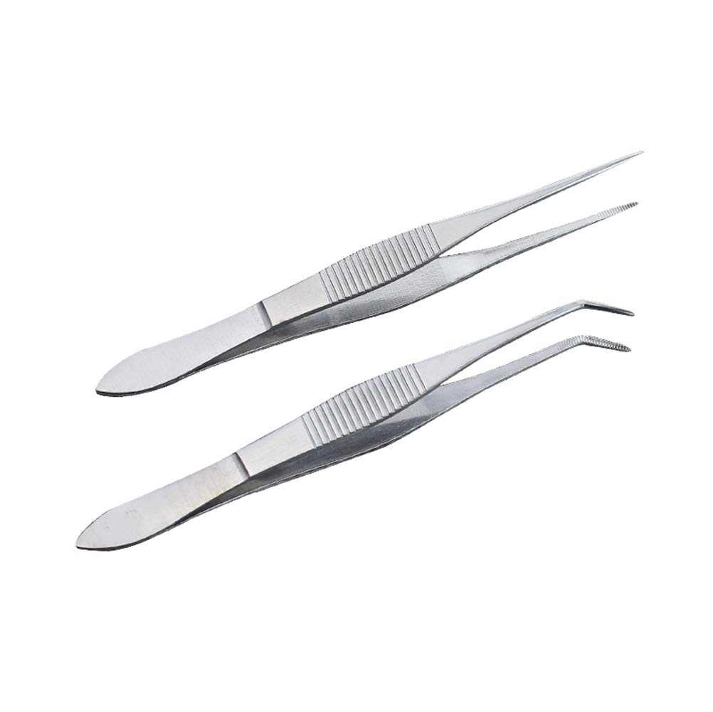 2 PCS 4 Inch Professional Stainless Steel Dental Straight Forceps and Curved Tip Tweezers Multifunction Eyebrow Cosmetic Tools DIY Accessories Extractor Clamp