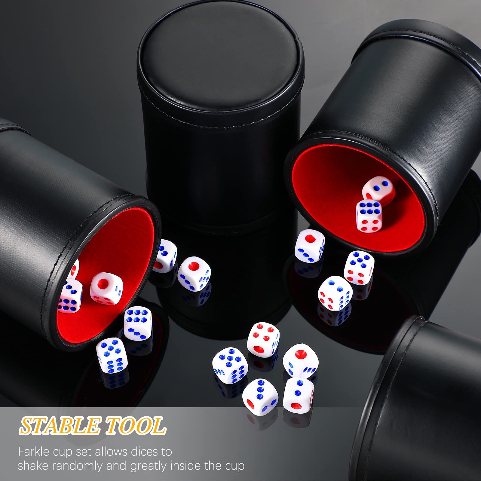 4 Pieces PU Leather Dice Cups, PU Leatherette Dice Cup Set, Red Felt Lining Quiet Shaker with 20 Dices for Craps Farkle Game Kill Time Pressure
