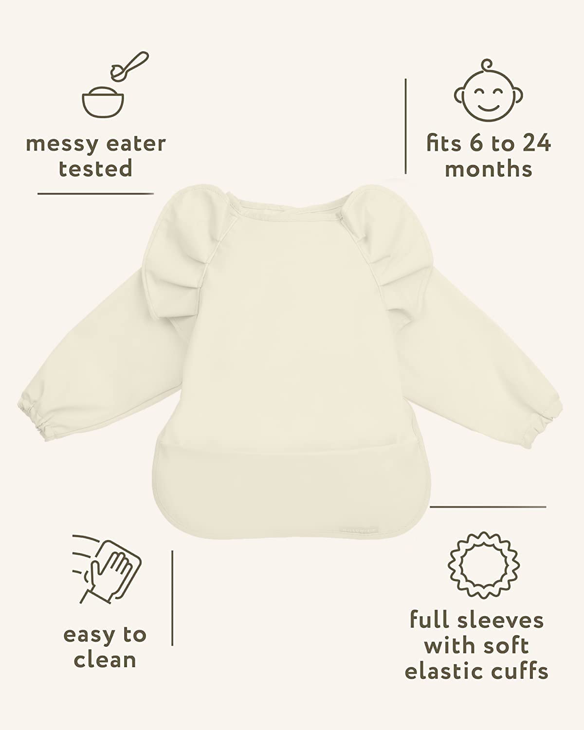 WILLOW + SIM Long Sleeve Baby Bib - Mess-Proof Feeding Bib for Babies 6-24 Months - Antique White