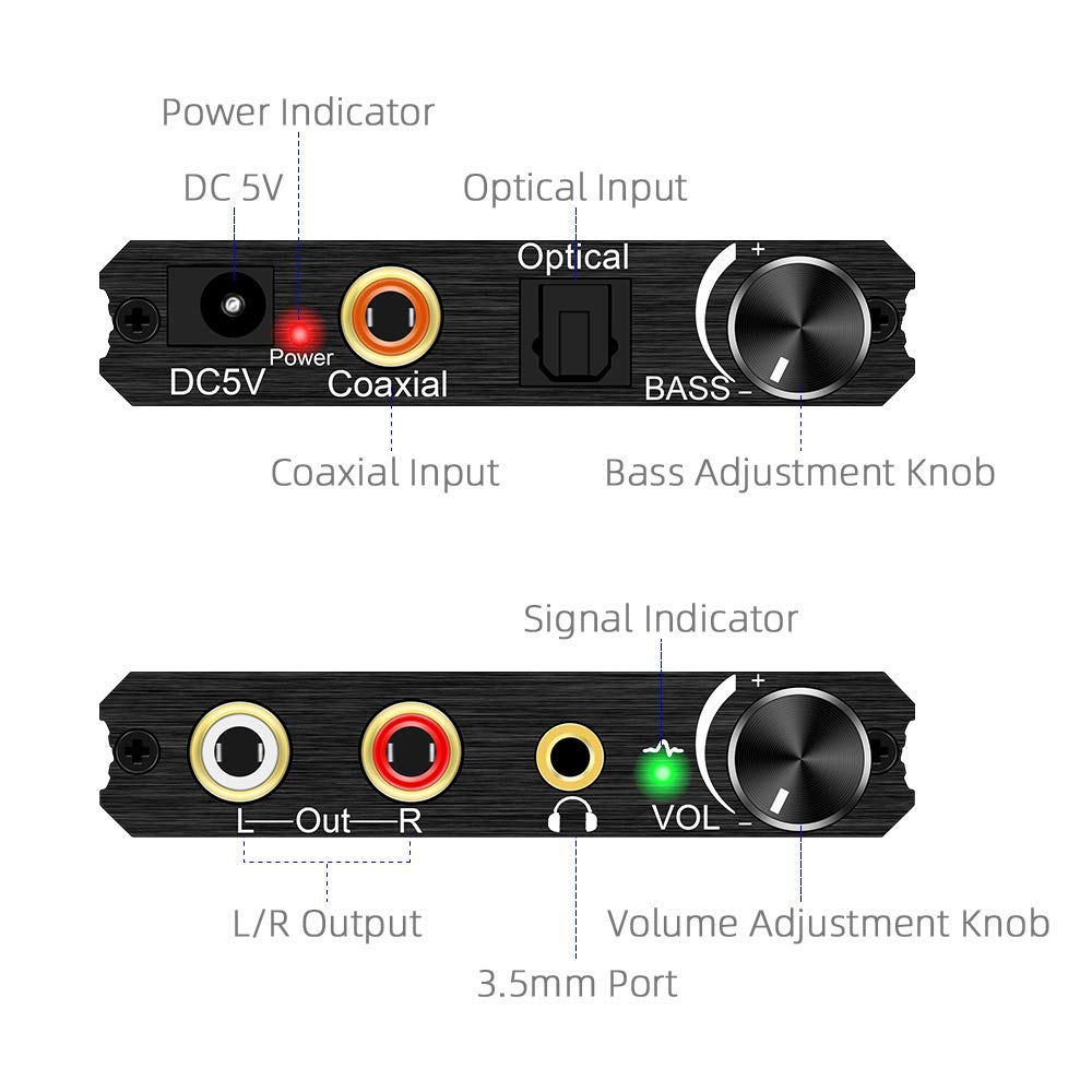 192KHz Digital to Analog Audio Converter with Bass and Volume Adjustment,Digital SPDIF/Optical/Toslink/Coaxial to Analog Stereo L/R RCA and 3.5mm Jack Converter for PS3 PS4 DVD AppleTV Home Cinema