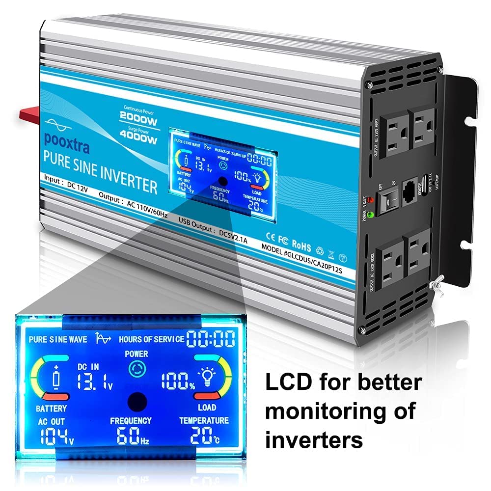 2000 Watt Pure Sine Wave Inverter 12v to AC 110v with 4AC Power Outlets,Remote Control,2 Cooling Fans + LCD Display & USB Port for Home RV Emergency to Use(4000 watt Peak Power)