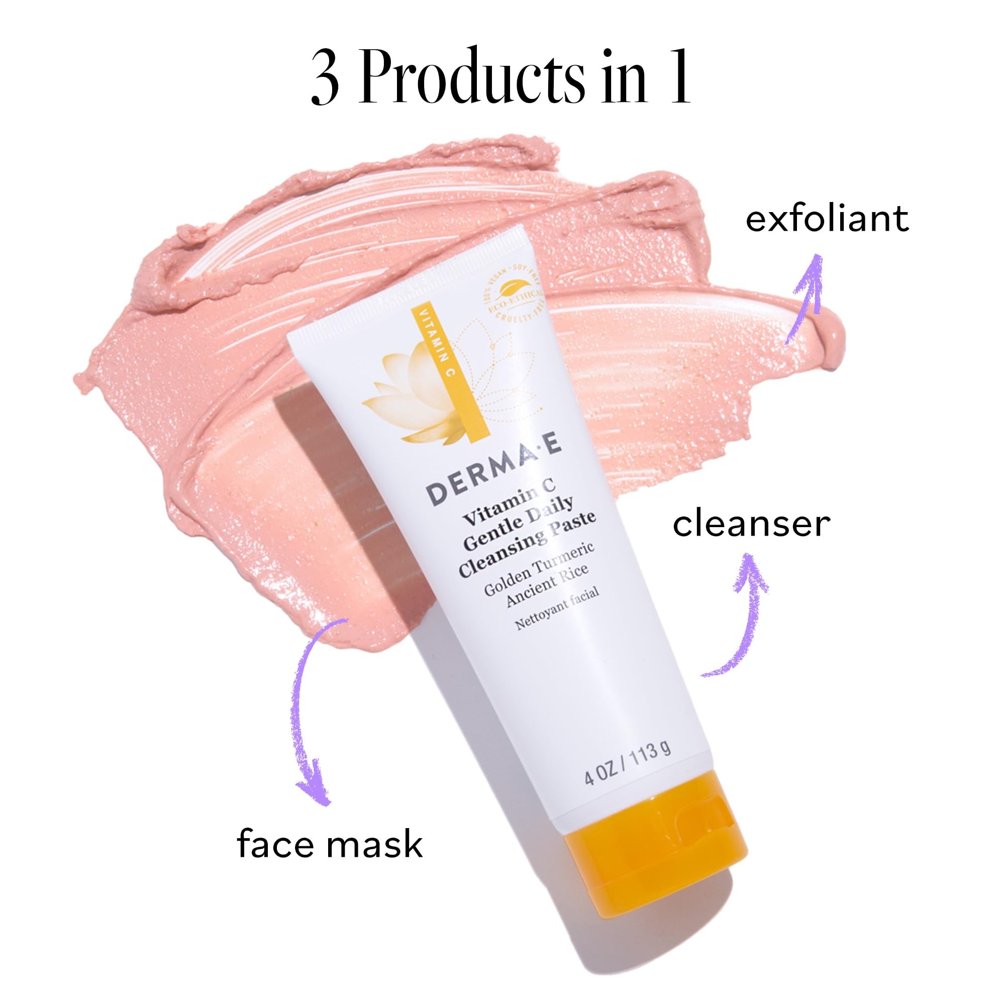 Derma E Vitamin C Gentle Daily Cleansing Paste – Vitamin C Face Mask or Cleanser with Turmeric - Facial Mask Brightens & Clarifies, 4.0 Oz