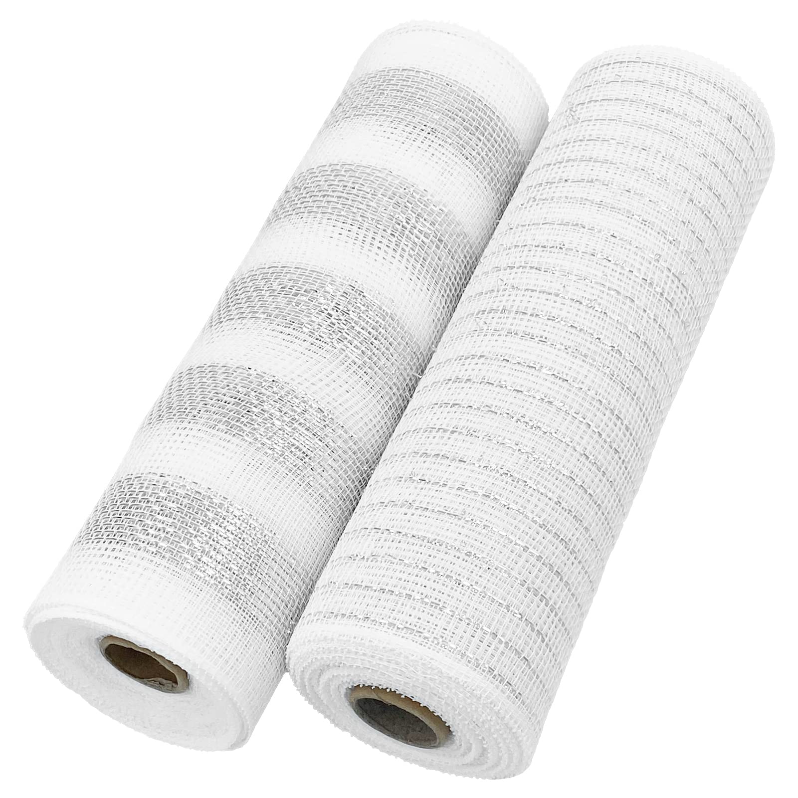 2 Rolls Christmas Deco Mesh, 10 Yards Silver & White Metallic Poly Mesh Ribbon Rolls for Wreaths, Mesh Ribbon for Christmas Tree, Wreath,Garland Home Decor