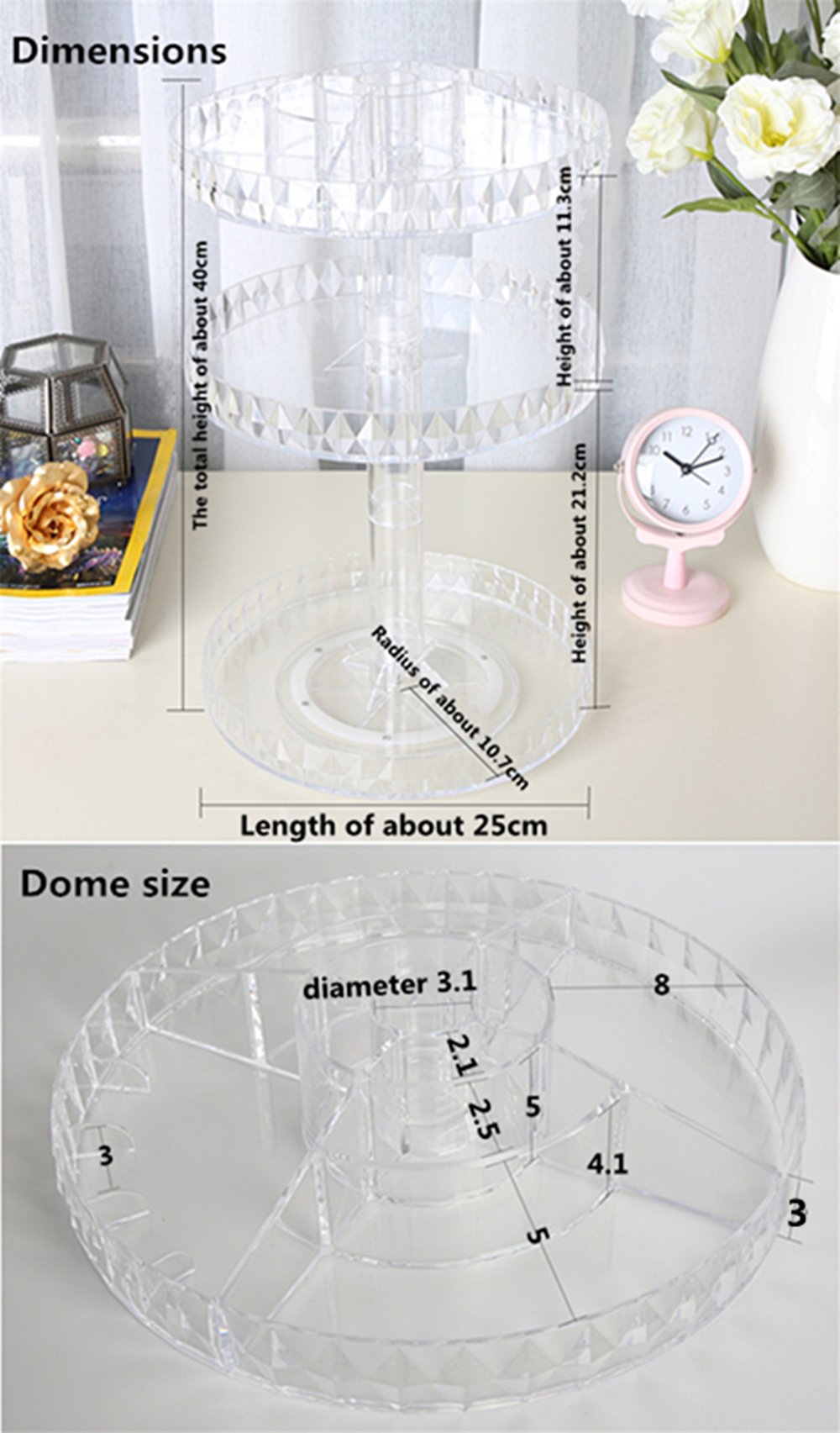 BOTIDE Diamond Pattern Three Layers Perfume Organizer, 360 Rotating Diamond Cosmetic Storage Box Transparent Acrylic Swivel Shelf Desktop Skin Care Product Dresser Finishing, Plus Size