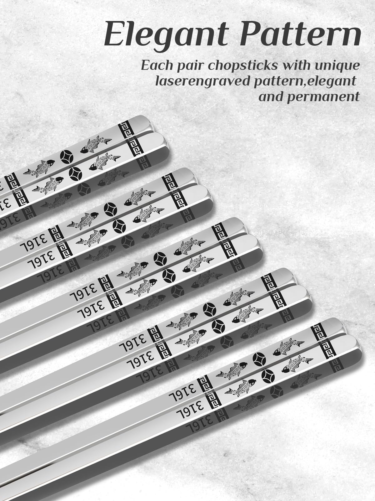 5 Pairs Metal Chopsticks, Reusable 316L Stainless Steel Chopsticks with Laser Engraved Non-Slip, Lightweight Square Design, Japanese Chinese Korean Design, Dishwasher Safe, Gift Set, Fish Pattern