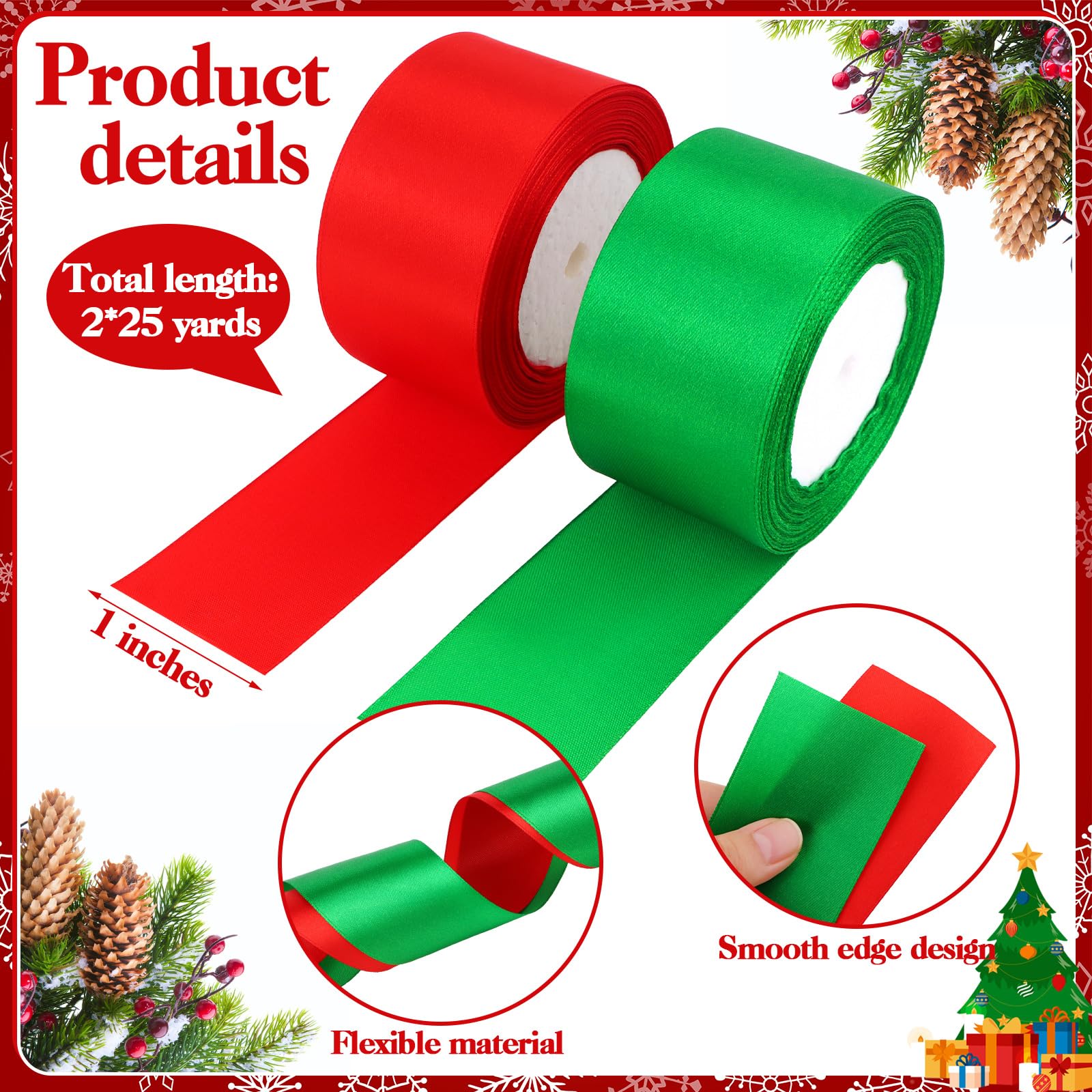 2 Rolls Christmas Ribbon 2 Inch X 50 Yards Red and Green Satin Ribbon for Gift Wrapping, Double Faced Polyester Holiday Ribbons for Wedding Party Decor