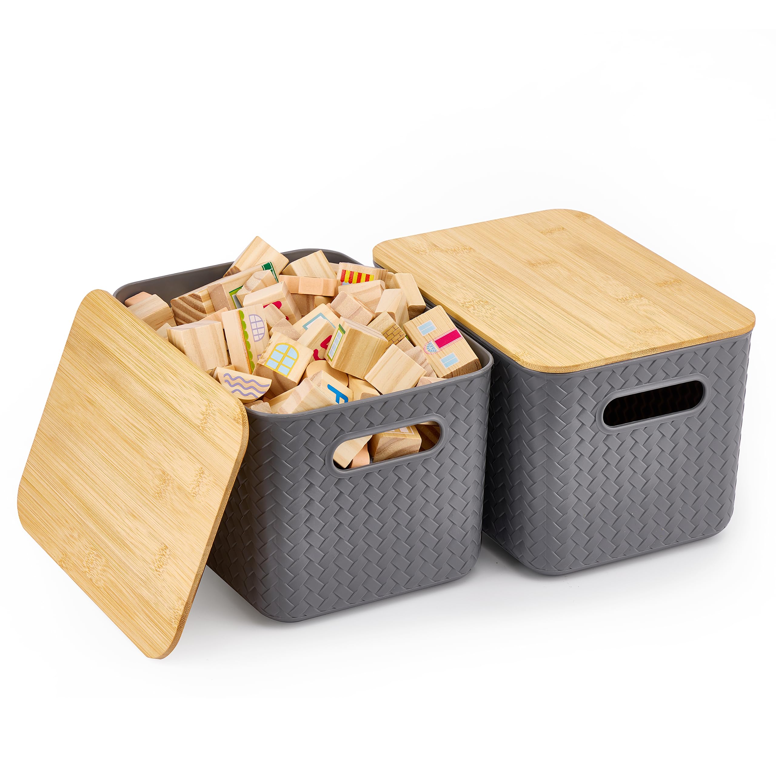 2 Packs Storage Bins with Bamboo Lids - Plastic Storage Containers with Lids Stackable Storage Box:Storage Baskets for Organizing Desktop Closet Playroom Classroom Office,10.2 x 7 x 6.5 inch,Gray