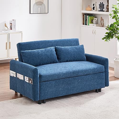 55.1" Pull Out Sofa Bed, 2 Seater Loveseats Sofa Couch with Adjustable Backrest, Storage Pockets, 2 Soft Pillows, Convertible Sleeper Sofa Bed for Living Room Bedroom Apartment Office (Blue 091)