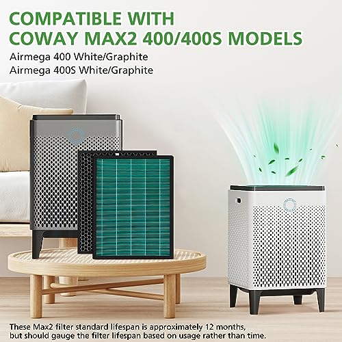 400/400S Replacement Filter for Coway AIRMEGA Max2 400/400S Air Purifier, Max 2 Green True HEPA and Active Carbon Filter Set, AP-2015-FP