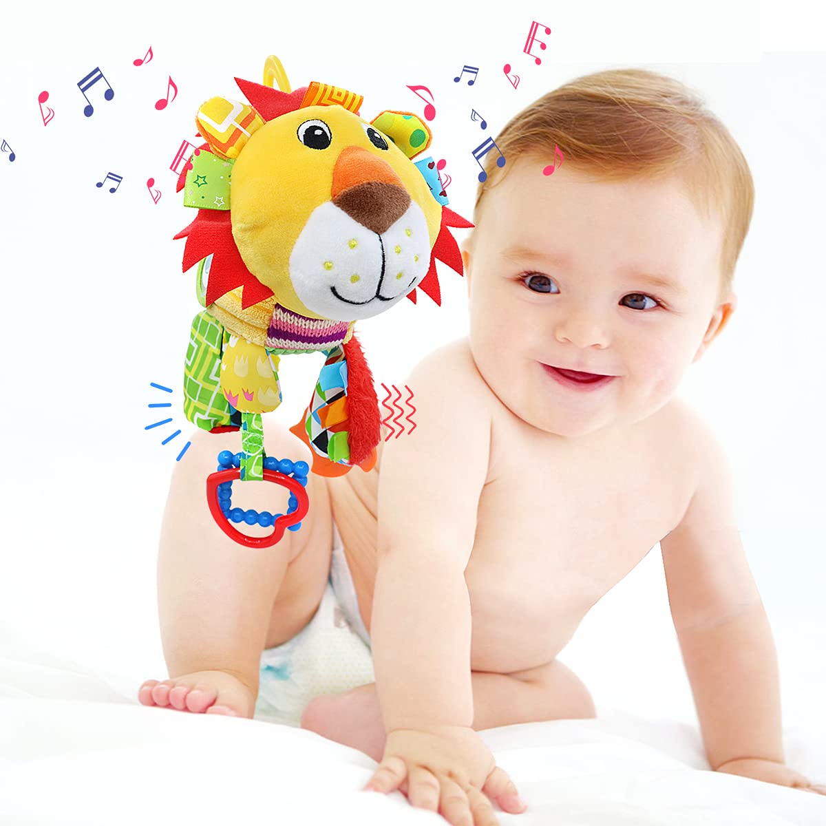 JERICETOY Baby Toy Plush Infant Toy with Musical Box Baby Carseat Toy Stroller Hanging Toy Development Toy with Rattles Crinkle Teether Magic Mirror, Stroller Clip-On Carseat Cot Crib Bed - Lion