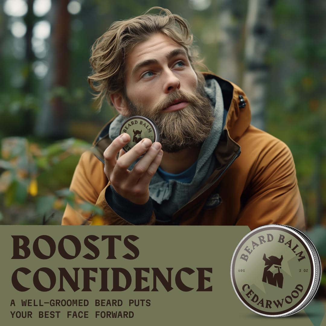 Striking Viking Beard Balm for Men - Leave-In Beard Conditioner - Styling Balm with Natural Butter - Argan & Jojoba Oils, Strengthens & Softens (Cedar Scent, 2 Oz) - Mustache Wax