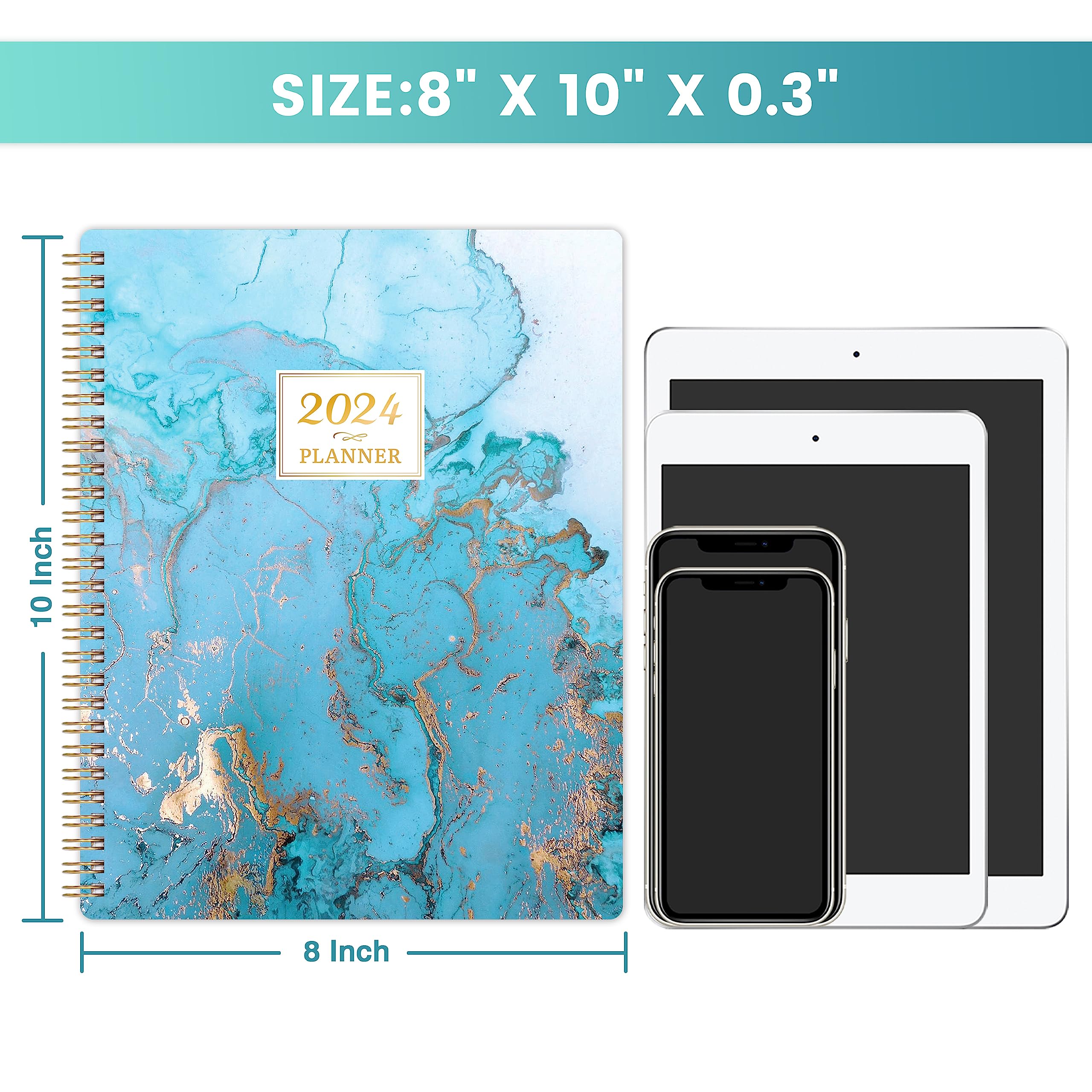 2024 Planner - Jan. 2024 - Dec. 2024, Planner 2024/Calendar 2024, 2024 Planner Weekly and Monthly with Printed Tabs, 8" x 10", Flexible Cover, Thick Paper, Perfect Daily Panner & Organizer - Blue Sand