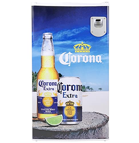 Corona Compact Fridge with Bottle Opener, 90 L/ 95 Quart 3.2 Cubic Foot for Snacks, Beverages, Juice, Beer, Den, Dorm, Office, Games Room, or RV