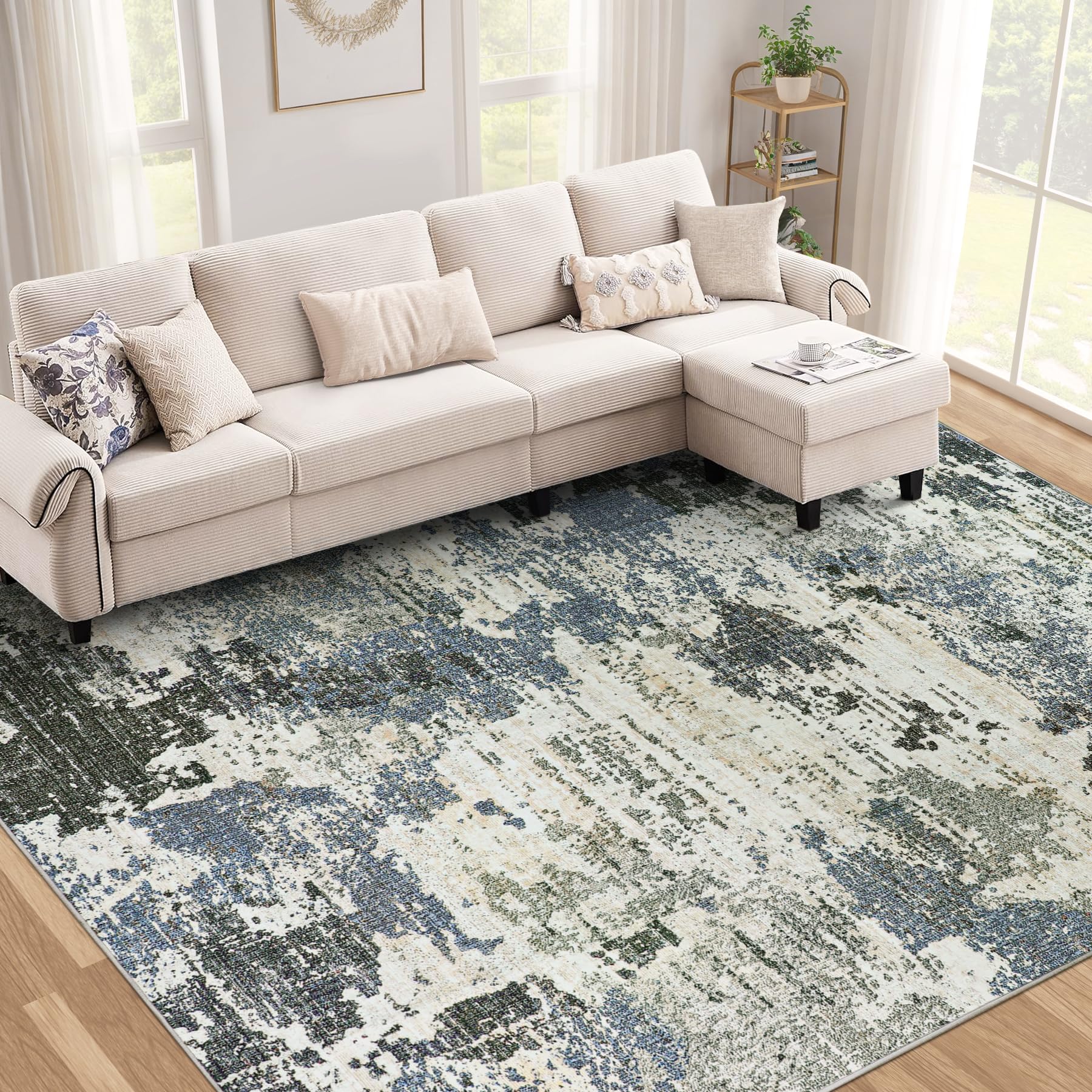 6x9 Area Rugs Living Room Rugs, Abstract Machine Washable Rugs with Anti-Slip Backing Stain Resistant Non-Shedding Soft Large Carpet for Bedroom Entryway Nursery Dining Room Indoor Decor-Blue/Gray