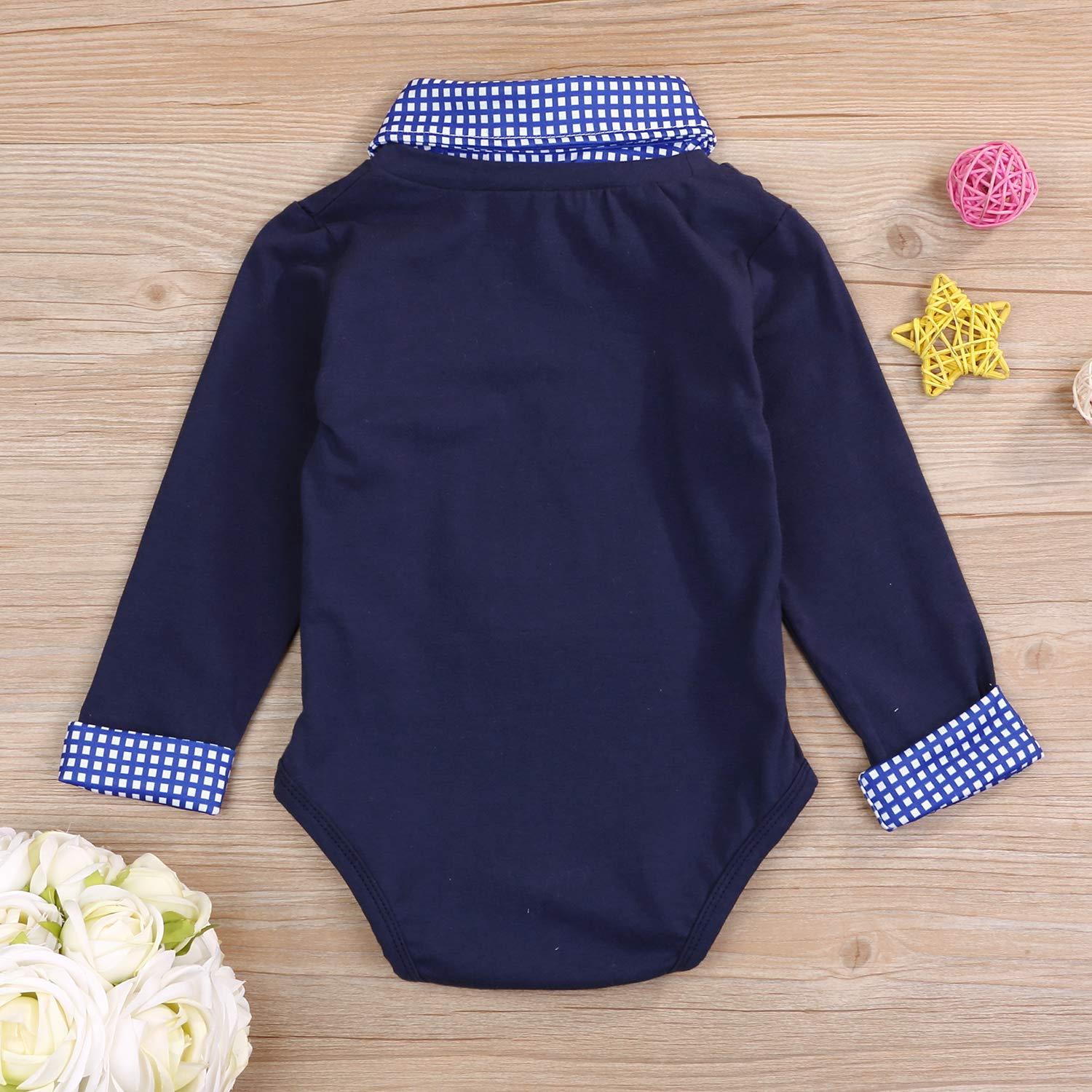 Baby Boy First Birthday Clothes Plaid Stand Collar Long Sleeve Romper Jumpsuit Cake Smash Outfit (Navy Blue, 15 Months)