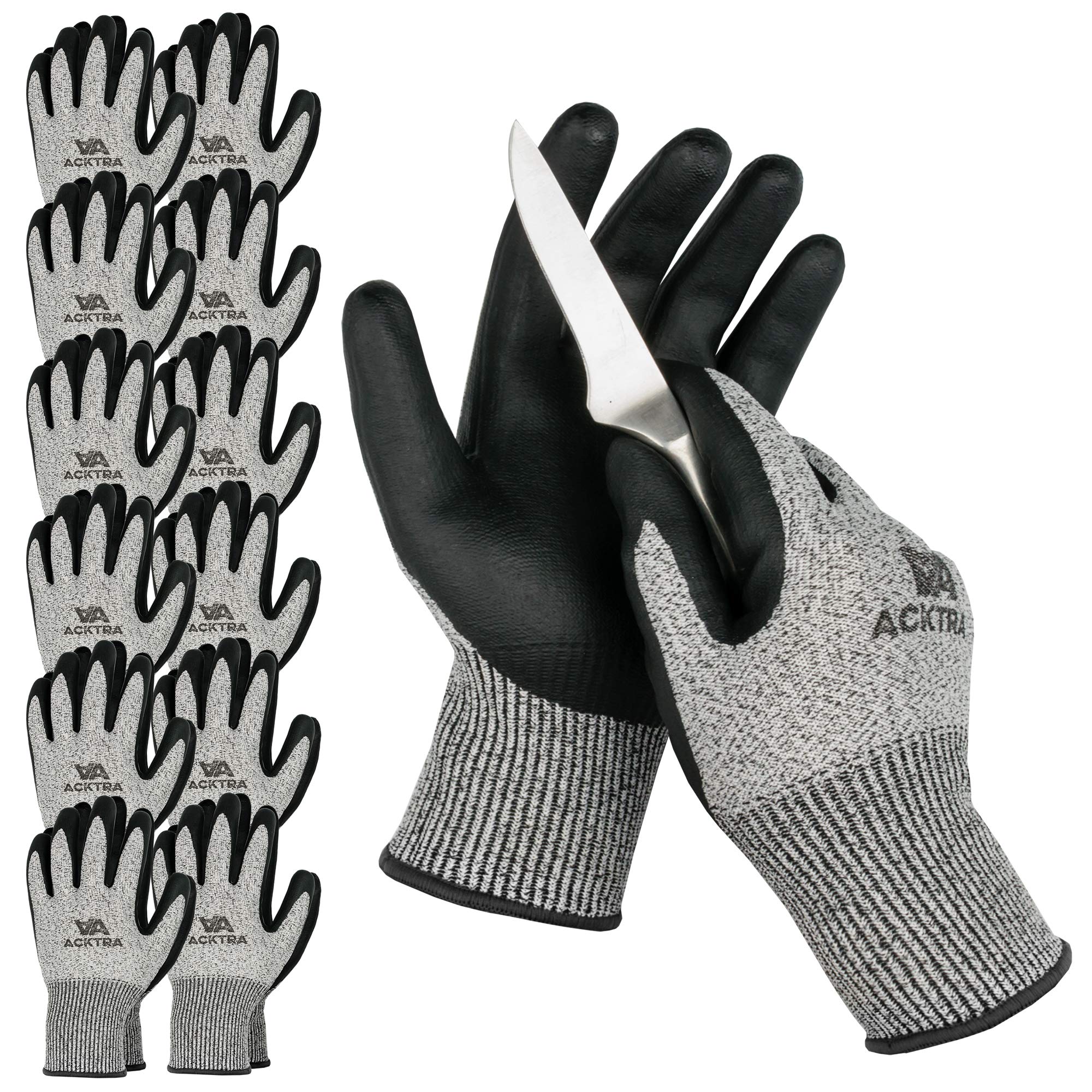 ACKTRA WG015 Level 5 Cut Resistant Construction Safety WORK GLOVES 12 pairs, Foam Nitrile Coated, High Tear Strength, EN 388, PPE Regulation 2016/425, for Men and Women (Large)