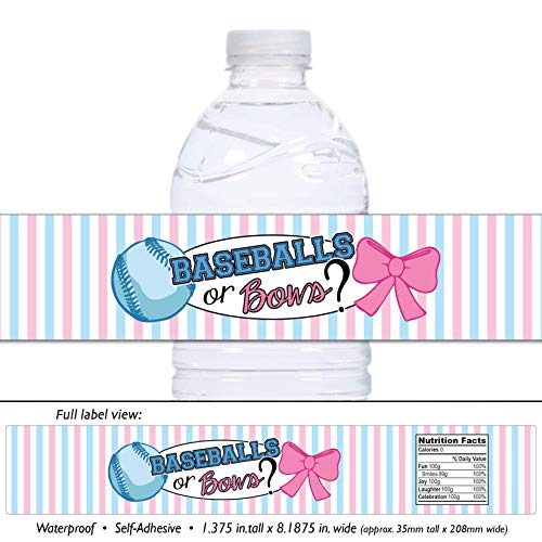21 Baseballs or Bows Waterproof Self-Adhesive Water Bottle Labels for Gender Reveal - Pink and Blue