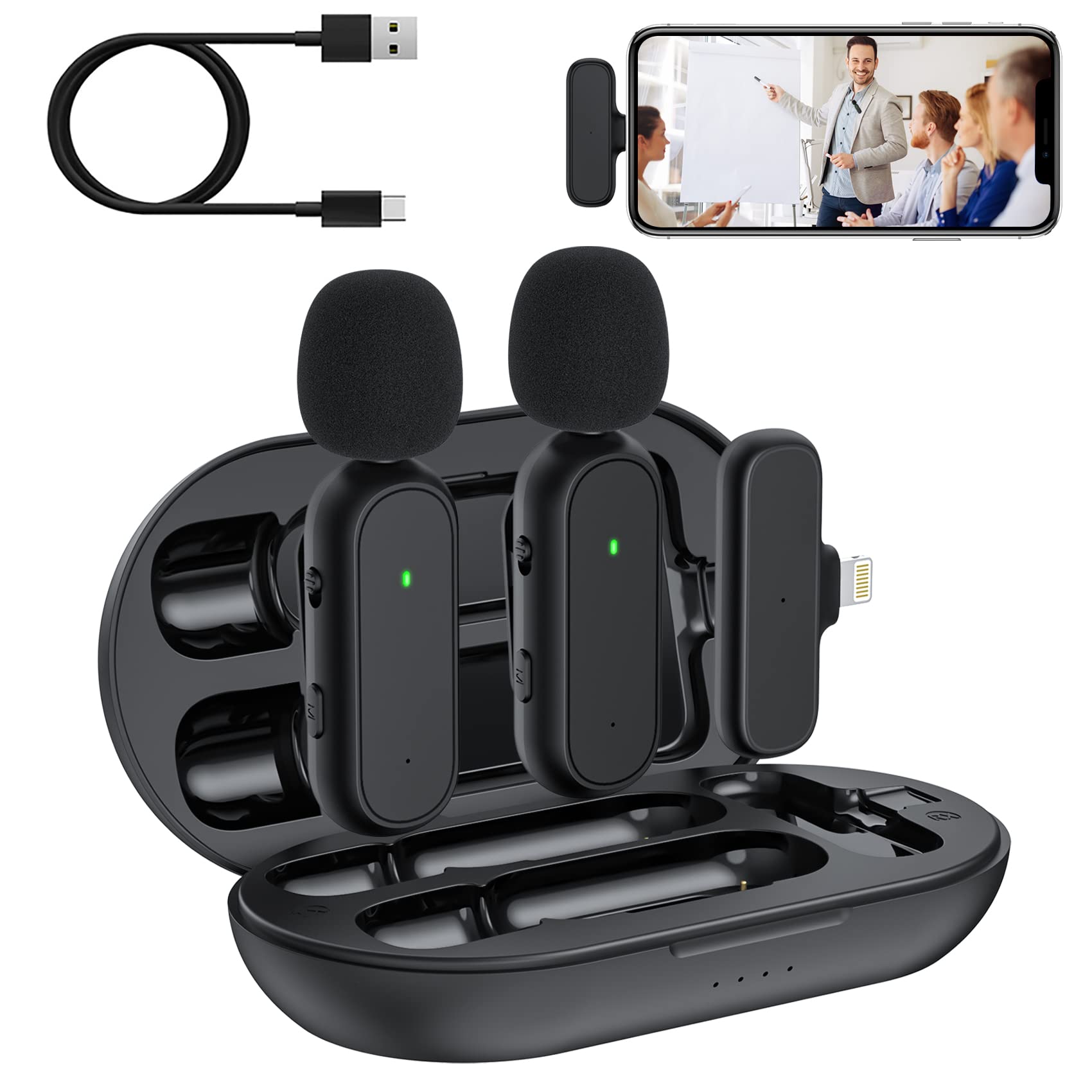 2 Pack Wireless Lavalier Microphone, Plug-Play Wireless Microphone for iPhone iPad, with Charging Case, Noise Reduction, Clip On Lapel Mic for Video Recording, YouTube, TikTok, Facebook, Vlog
