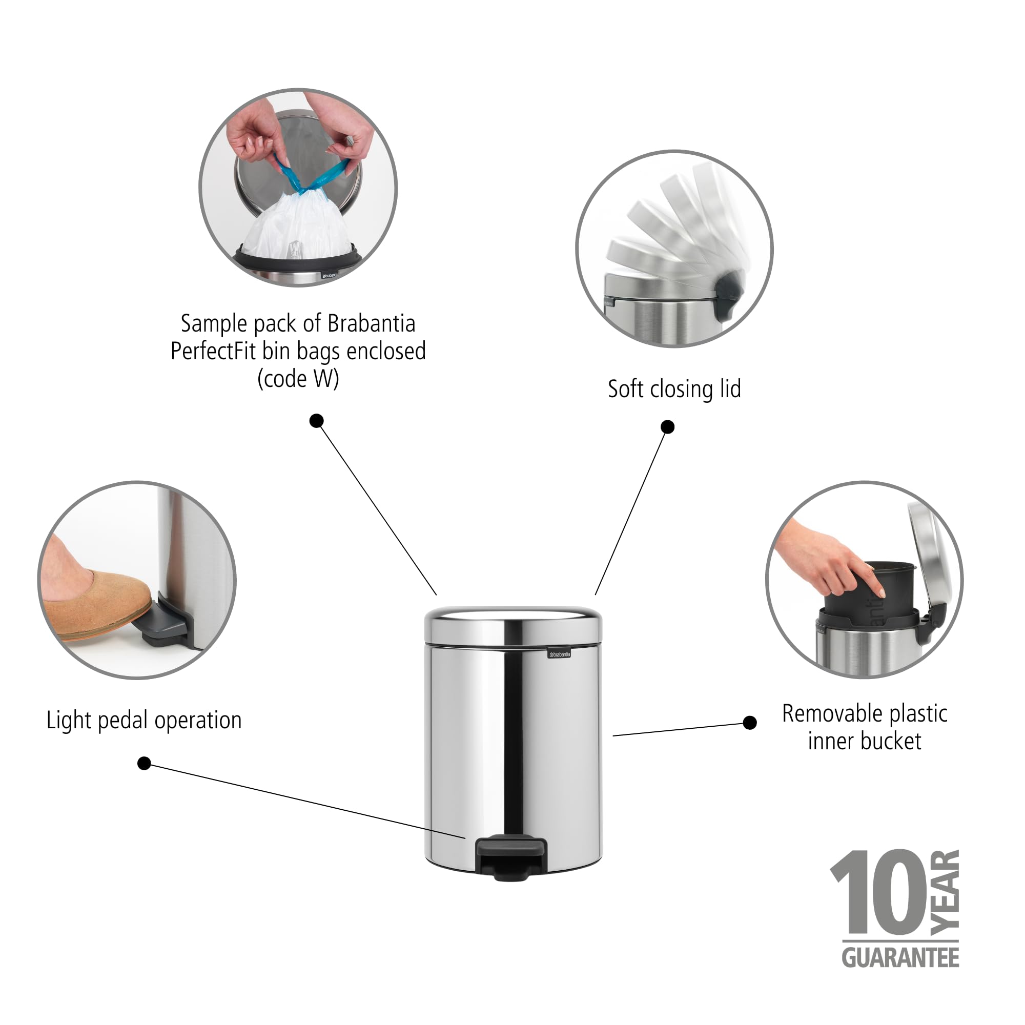 Brabantia New Icon Step Trash Can (1.3 Gal/Brilliant Steel) Soft Closing Kitchen Garbage/Recycling Can with Removable Bucket