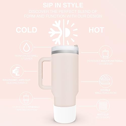 40oz Insulated Tumbler with Handle and Straw, Improved Leakproof Multifunctional Lid with Spill Stopper, Travel Mug for Hot & Cold Beverages with Cup Boot, Straw Cover & Straw Brush (Rose Blush)