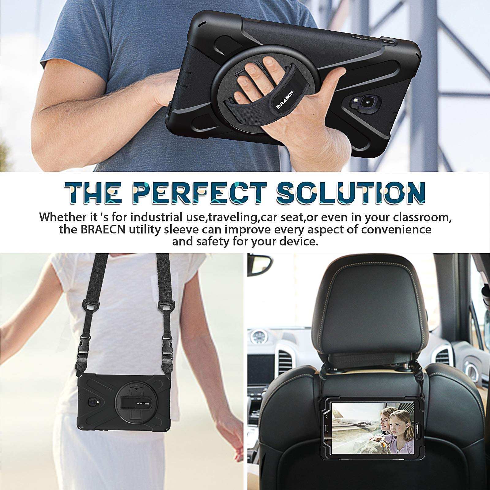 BRAECNstock for Samsung Galaxy Tab A 8.0 2017 Case (SM-T380/T385) Heavy Duty Shockproof Silicone Case with 360° Rotatable Stand&Hand Strap Shoulder Strap Galaxy Tab A SM-T380 Tablet Case Kids - Black