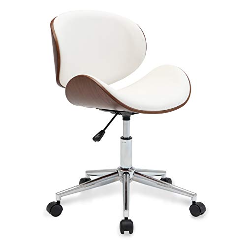 BELLEZE Mid-Century Modern Desk Chair, Contemporary Office Bentwood Style Wingback Seating, Minimalist Adjustable Vintage Replica with Swivel, Faux Leather and Walnut - Avalon (White)