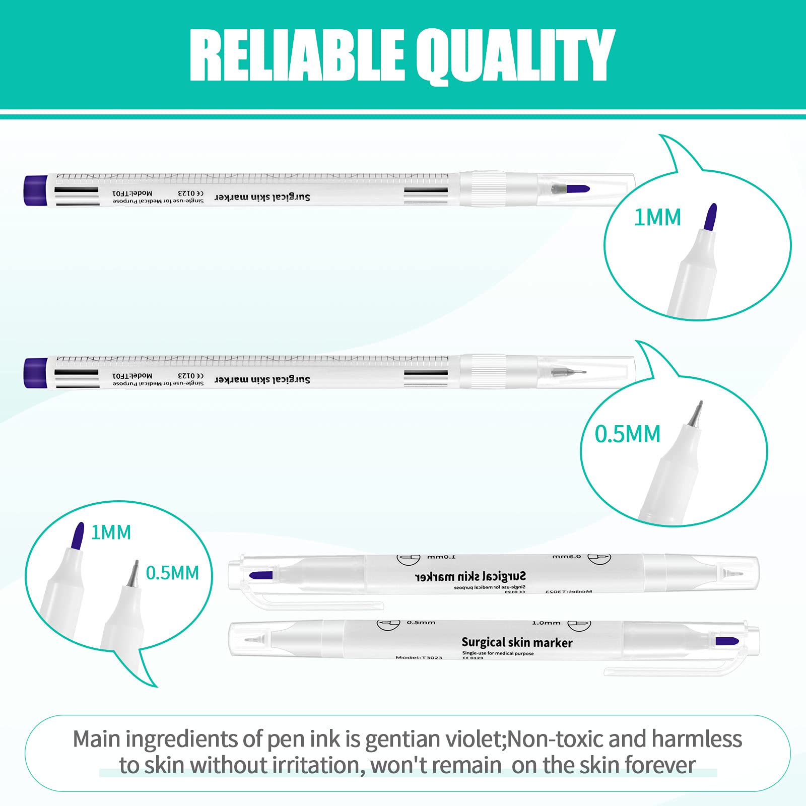 Zonon 5 Pieces Tattoo Tip Markers Skin Marker Pen Tattoo Pen in 0.5 mm and 1 mm with Paper Ruler for Skin, Eyebrow, Lips (2 Single Head, 3 Double Heads)