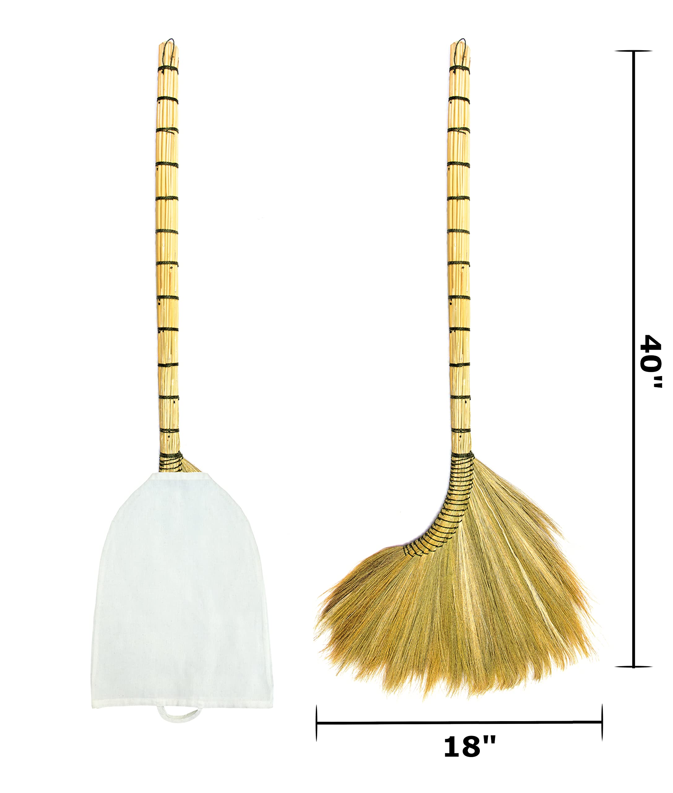 Handmade Asian Thai Broom Thick Natural Grass Brush & Handle Broomstick in Vintage Viet Whisk Straw Design