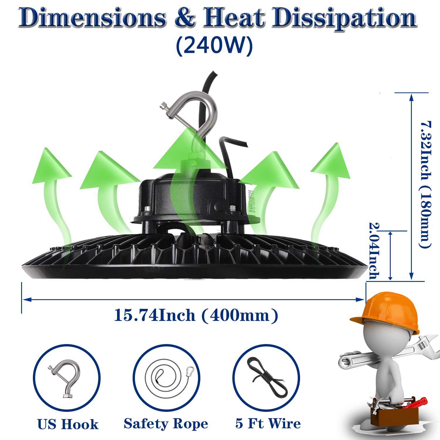 480V 240W UFO LED High Bay Light, 38400LM 5000K 1-10V Dimmable LED Shop Light, 5ft Cord 1000W HID/HPS Equivalent LED Warehouse Workshop Light, IP65 Waterproof DLC ETL Certified (240)