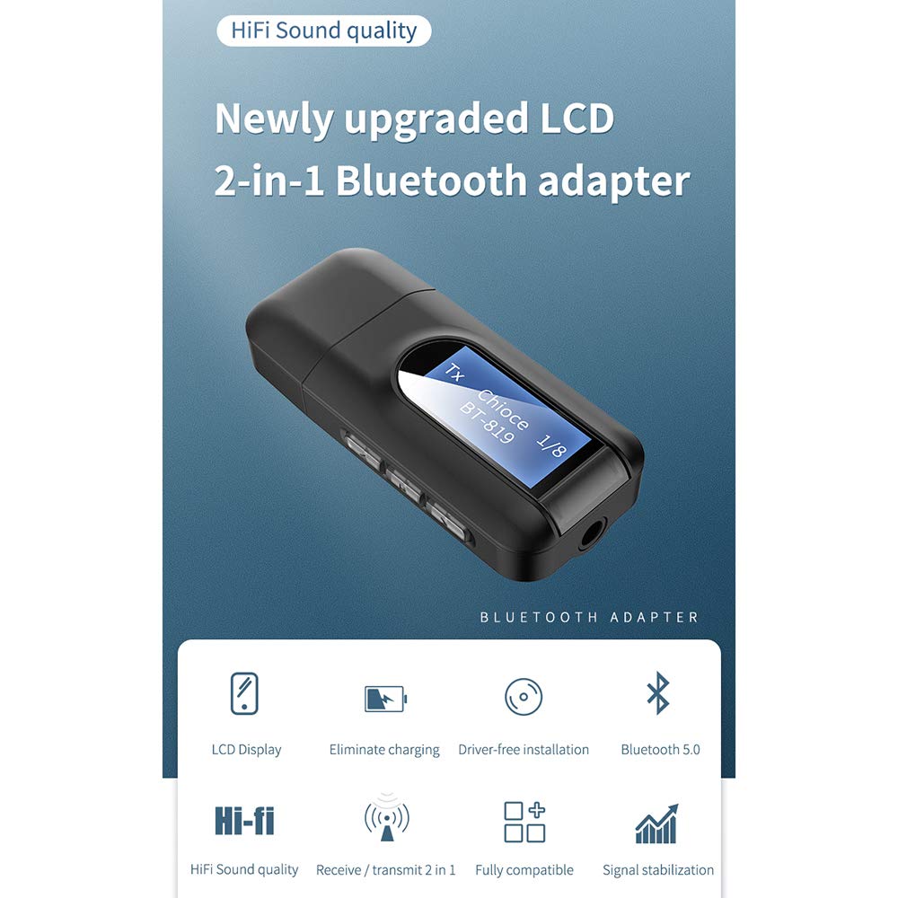 Kithing USB Bluetooth 5.0 Adapter Wireless Dongle for PC Laptop, 2 in 1 Bluetooth Receiver Transmitter for Home Stereo,Car,TV