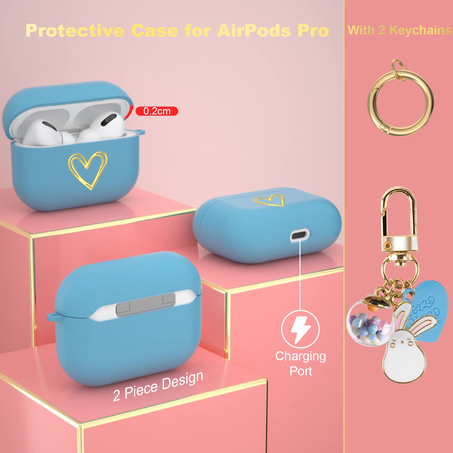 Aiiko Compatible AirPods Pro Case with Cute Lucky Ball Rabbit Keychain Gold Heart Pattern Soft TPU Shockproof Protective iPod Pro Case Cover for Airpods Pro(2019 Released) for Girls Women-Black