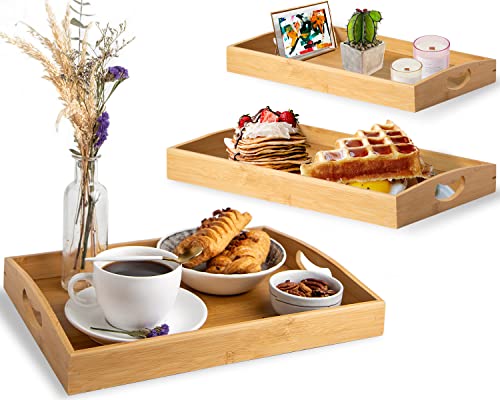 Premium Bamboo Serving Trays Set of 3 - Natural Finish | Stylish and Functional Serving Platters for Food Presentation | Sustainable and Durable Kitchen Accessories