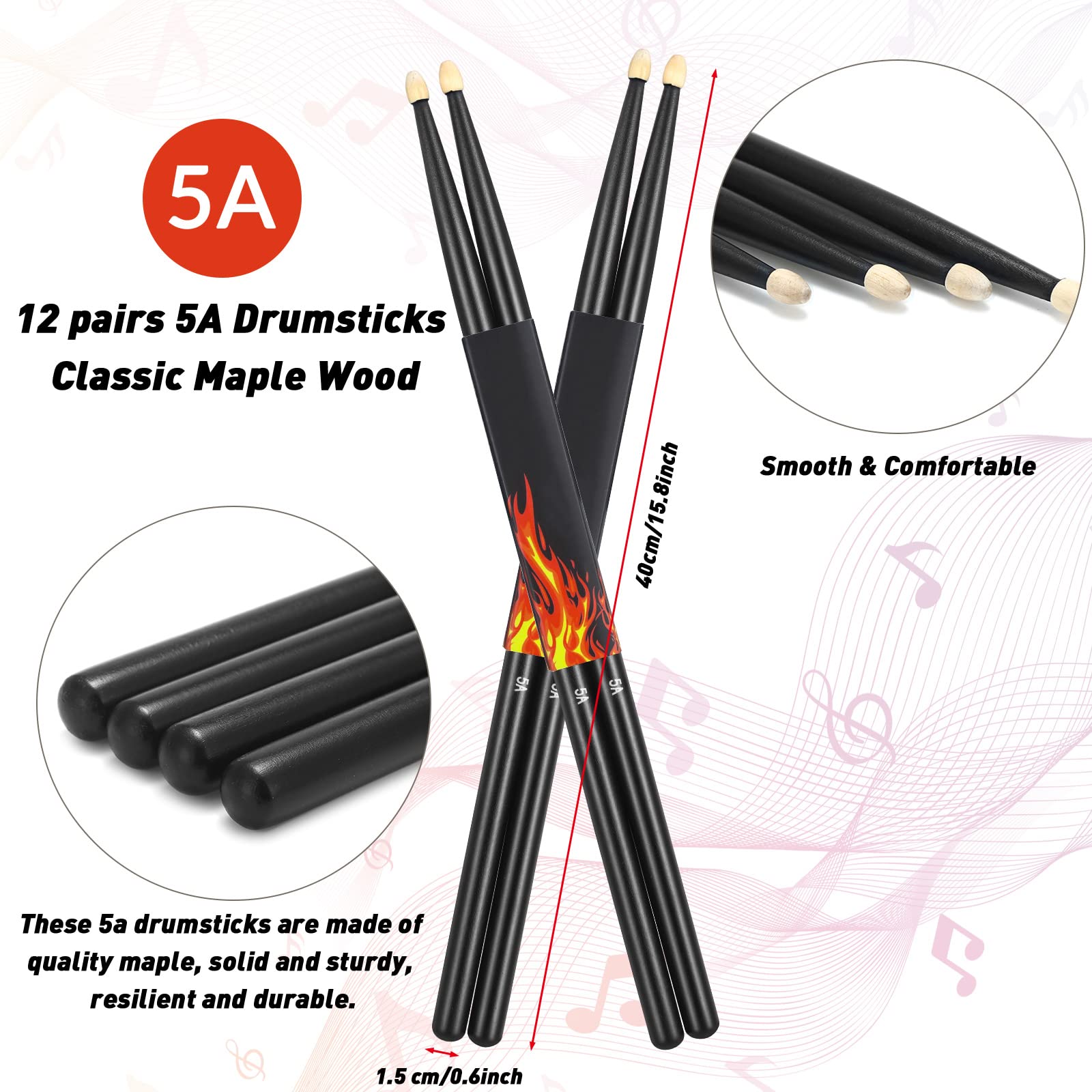 12 Pairs 5A Drum Sticks Classic Maple Drumsticks Marching Percussion Accessories for Adults Kids Black