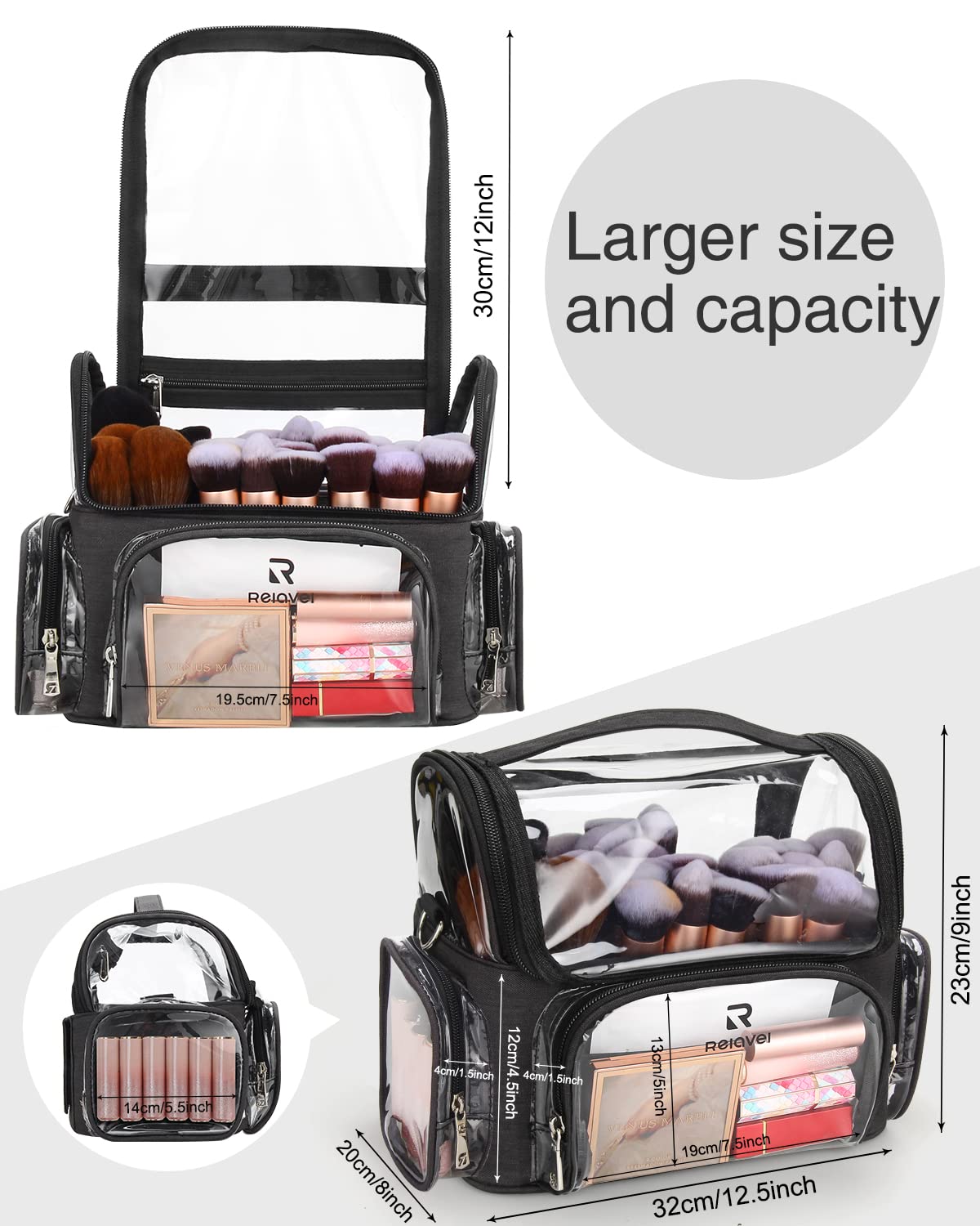 NAONAYA Makeup Brush Case, Large Makeup Brush Holder Professional Makeup Artist Travel Case Clear Waterproof Cosmetic Organizer Bag, Full Open Easy to Access, with Adjustable Strap and Dividers