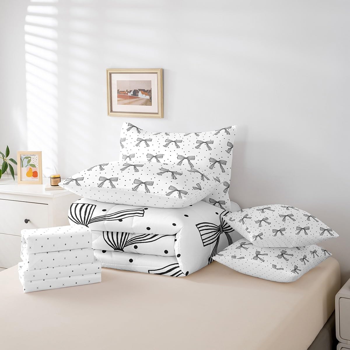 7 Pieces Cute Bowknot Girlish Comforter Full Size,Cartoon Bow-tie Princess Bedding Set,Geometric Dots Zebra Stripes Black White Simple(Comforter+Fitted+Flat Sheet+2 Pillowcases+2 Throw Pillow Covers)