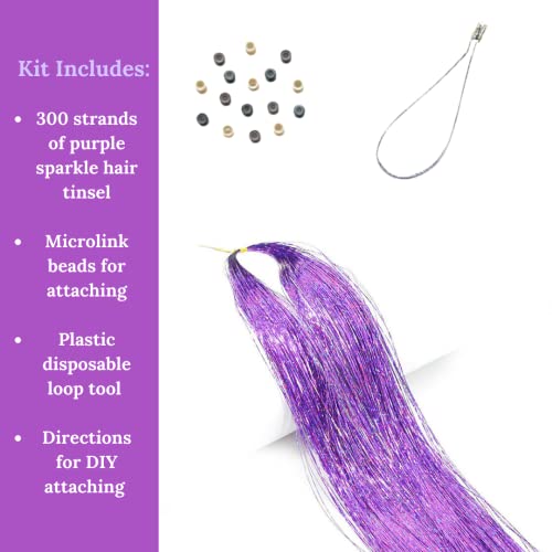 Purple Hair Tinsel Kit Strands, Fairy Hair tinsel kit in Lavender Hair Extensions with beads and loop tool (Purple)