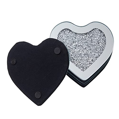 4 Pcs Glass Crystal Coaster,Diamond Mirror Coaster,Silver Luxury Cup Mat,Desktop Advanced Decoration (Heart 4x4in)