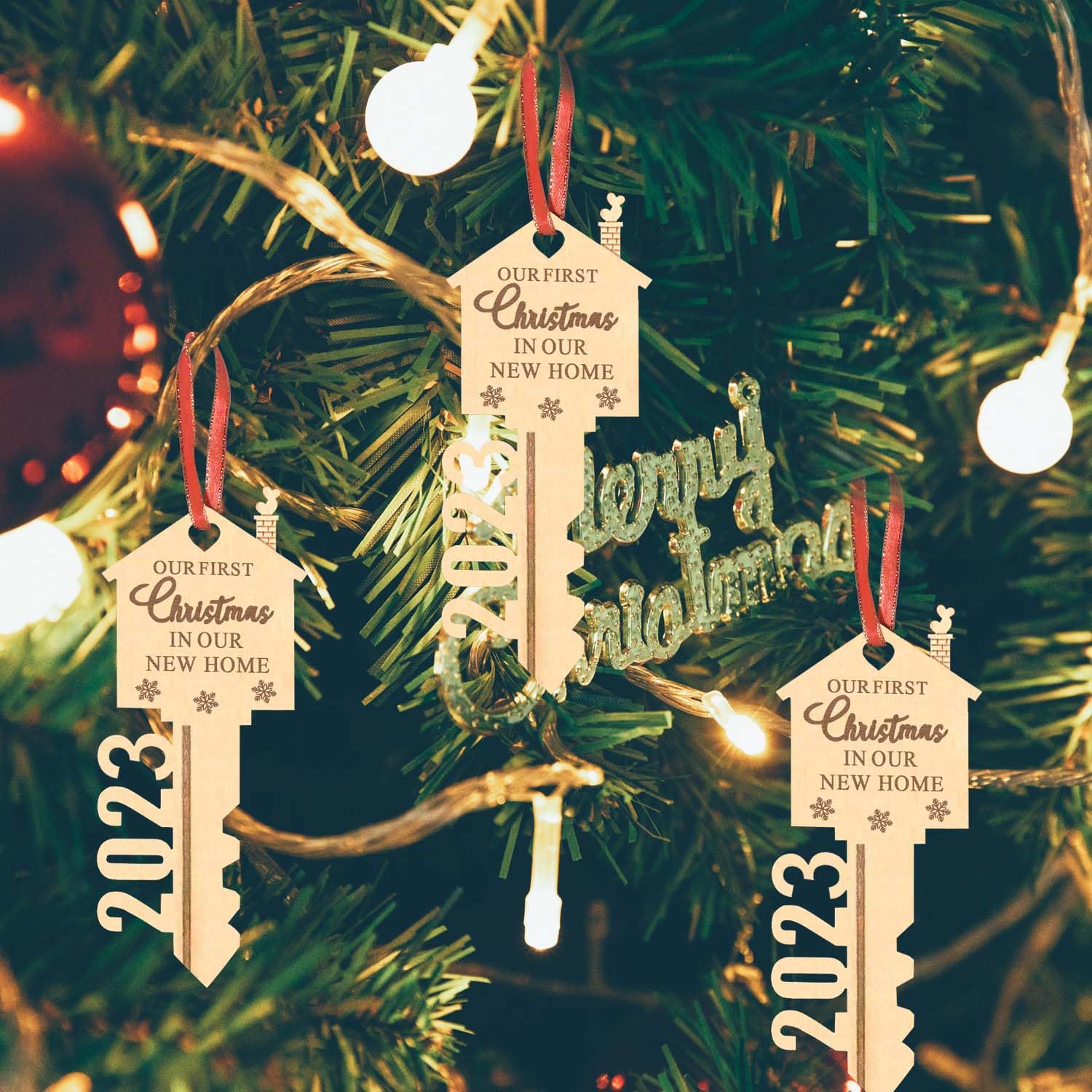 2 Pcs Home Sweet Home Key Wood Key Christmas Ornament 2023 Housewarming Gift for Christmas Tree Holiday Home Decoration