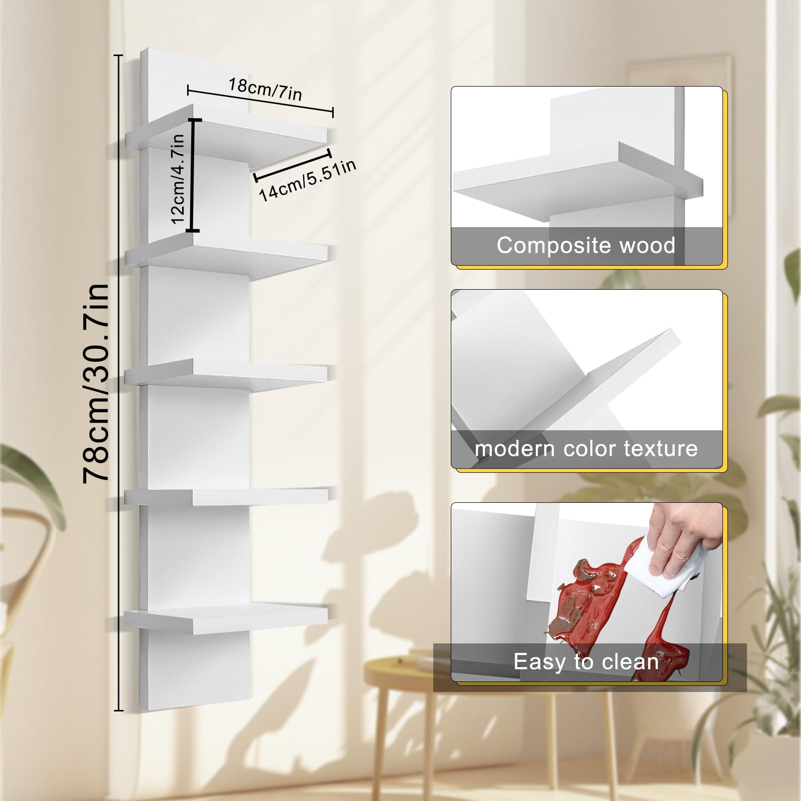 5 Tier Wall Shelf Unit - Narrow Smooth Laminate Finish - Vertical Column Wall Decor Mount Floating Storage Home Decor Organizer Tall Tower Utility Shelf for Bedrooms, Bathrooms,Living Rooms(White)