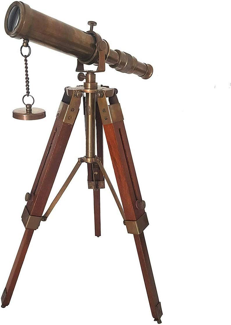 Hassanhandicrafts Antique Vintage Maritime Shiny Brass 12" Telescope with Wooden Tripod Stand