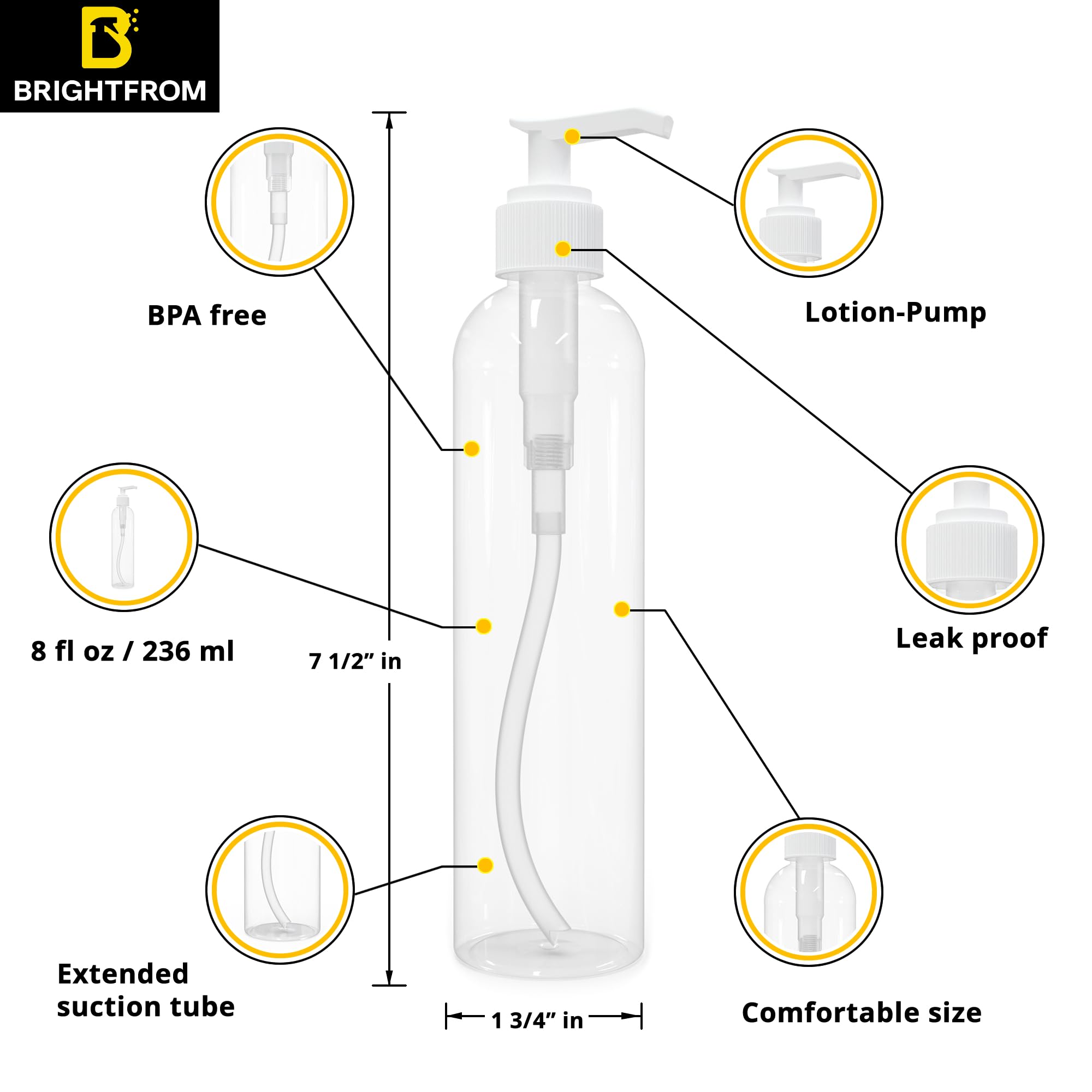 BRIGHTFROM Lotion Pump Bottles, Empty 8 OZ, BPA-Free, PET Refillable Plastic Containers, Clear with White Dispenser for - Soap, Shampoo, Lotions, Liquid Body Soap, Creams and Massage Oil (2 Pack)