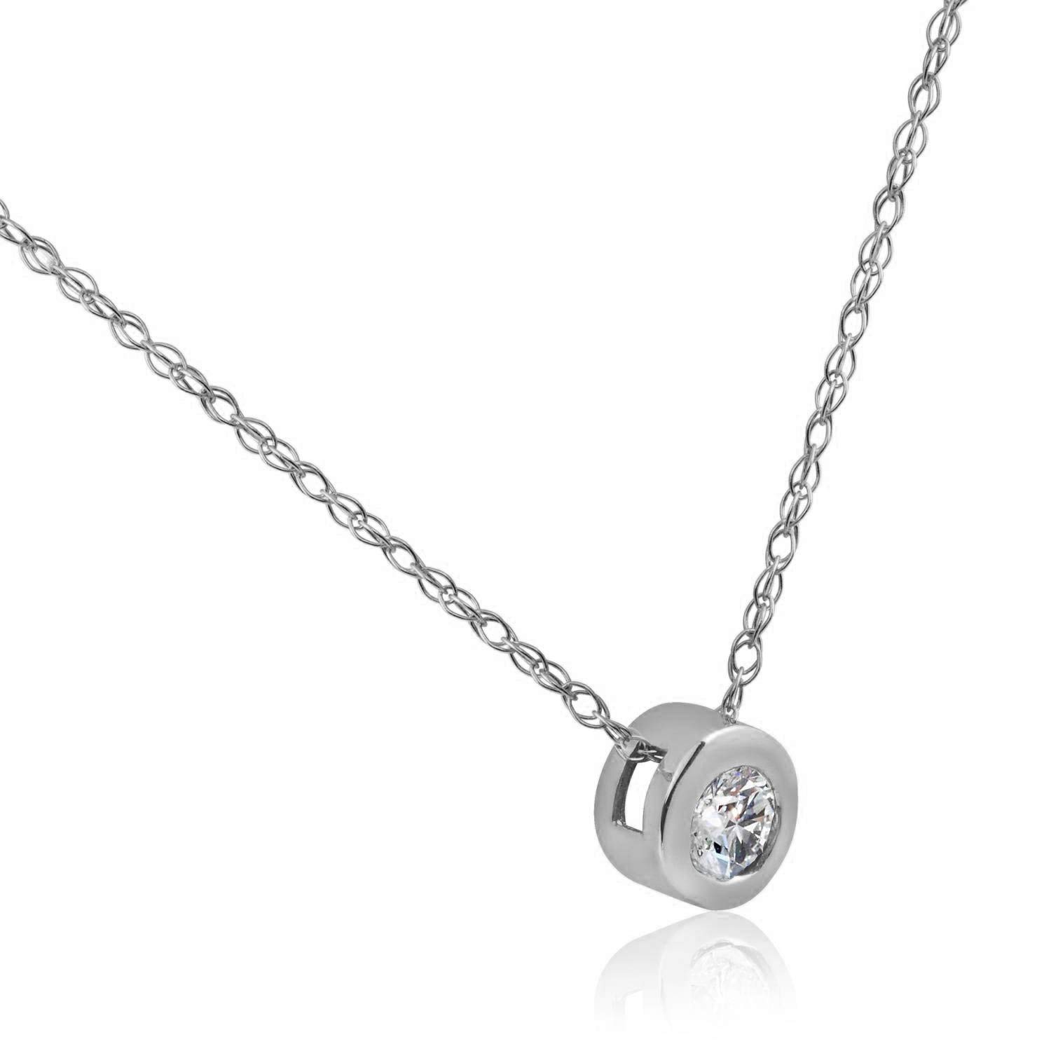 14k White, Yellow, or Rose Gold 1/4 Ct T.W. Diamond Round-Cut Bezel Solitaire Pendant Women's Necklace With 18" 14k Gold Chain