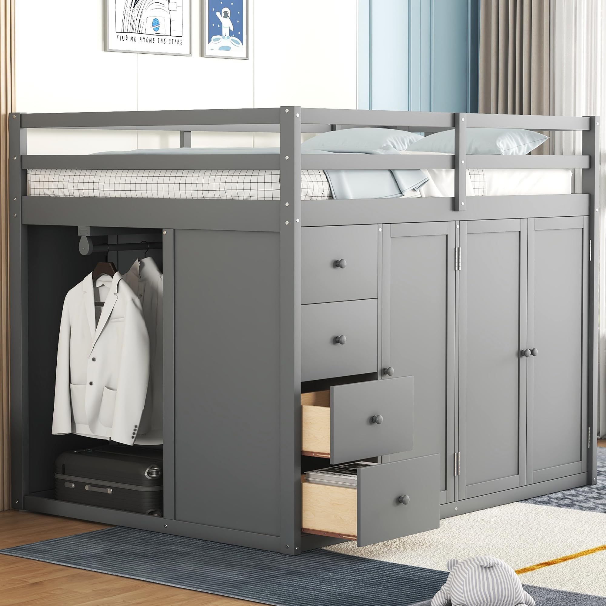 Harper & Bright Designs Full Size Loft Bed with Stairs, Wood Loft Bed with 2 Wardrobes, Full Loft Bed with Storage Drawers and Cabinet, High Loft Bed Frame for Kids Teens Adults, Grey