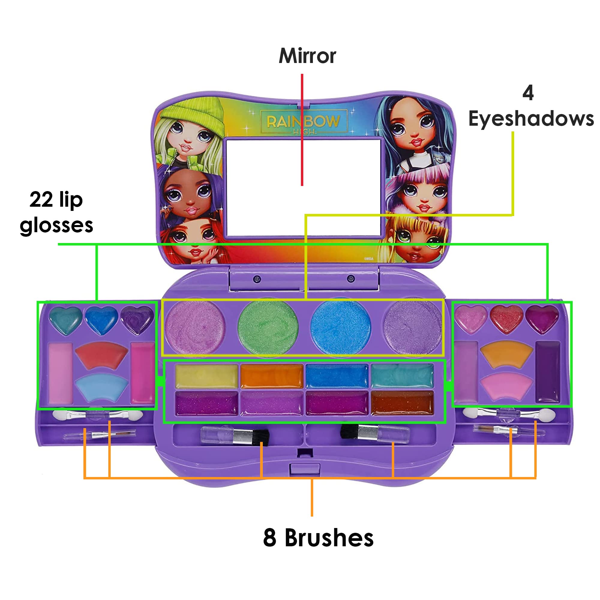 Rainbow High - Townley Girl Beauty Compact Set Kit with Brushes, 4 Eye Shadows, 8 Lip Gloss & 4 Shimmer Makeup Set for Kids Girls, Ages 6+ perfect for Parties, Sleepovers and Makeovers