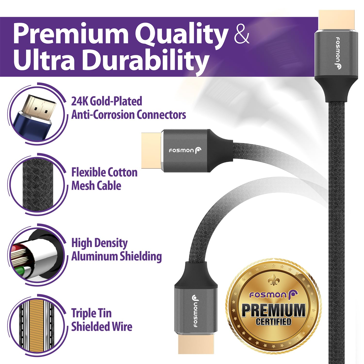 Fosmon HDMI 2.1 Cable 8K@60Hz 1ft (2 Pack), Premium Certified in-Wall CL3 Rated, 48Gbps Ultra High Speed, 4K@120Hz, Dynamic HDR, HDCP 2.3, 3D, eARC, 30AWG Cotton Braided Compatible with UHD TV & More