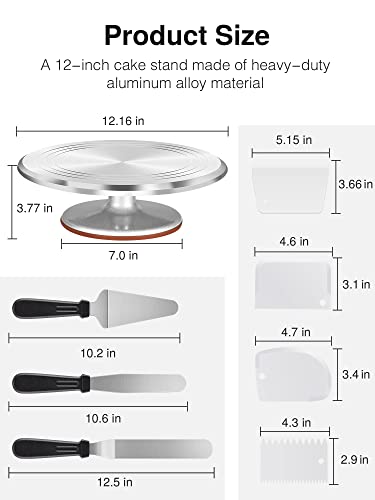 Puroma 8-in-1 Aluminium Alloy Rotating Cake Turntable 12'' Revolving Cake Decorating Stand with 3 Angled Icing Spatula, 3 Icing Comb for Pastries, Cupcakes and Cake Decorations